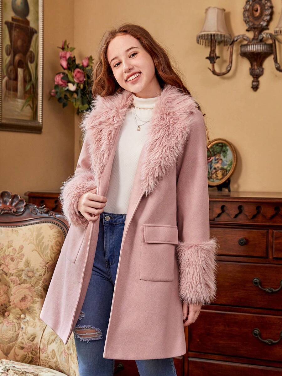 Teen Girl Fuzzy Collar Belted Overcoat | SHEIN USA