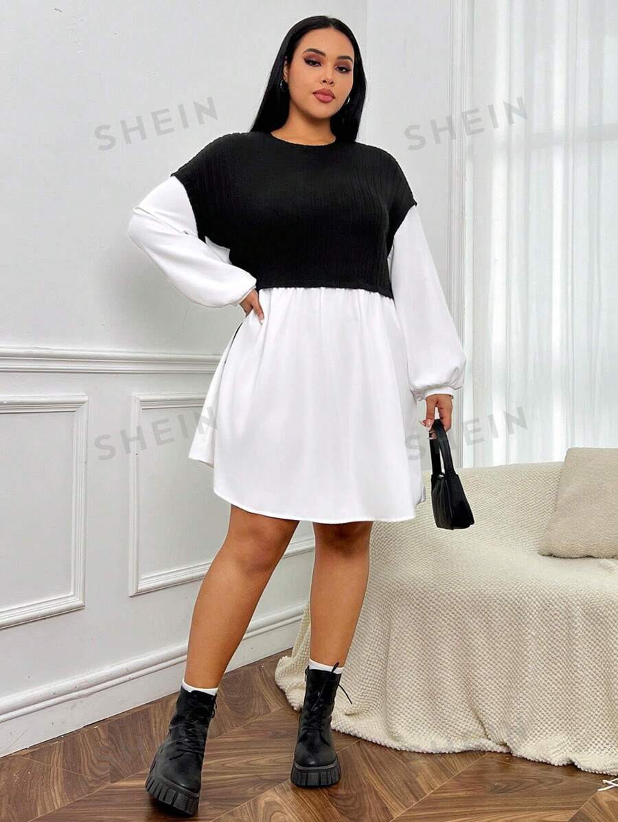 SHEIN CURVE+ Vestido de trabajo de 2 en 1 con mangas farol de dos tonos y nudo lateral para ...
