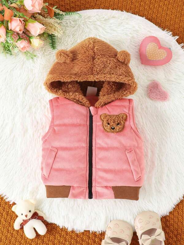 SHEIN Baby Girl Bear Embroidery 3D Ear Design Hooded Vest Jacket ...