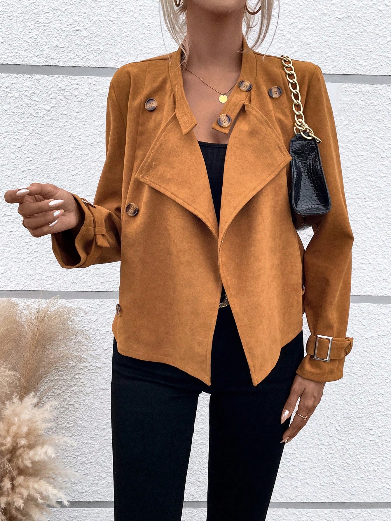 SHEIN VCAY Solid Lapel Suede Jacket | SHEIN USA