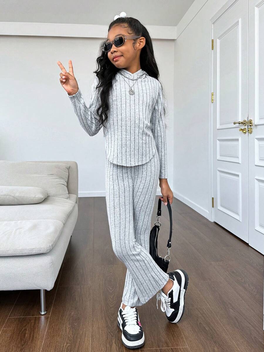 SHEIN Kids Cooltwn Tween Girls' Streetwear Knitted Solid Hooded Long ...