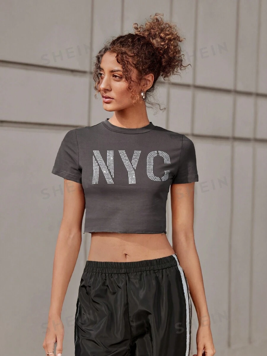 SHEIN EZwear Rhinestone Letter Ripped Crop Top | SHEIN EUR