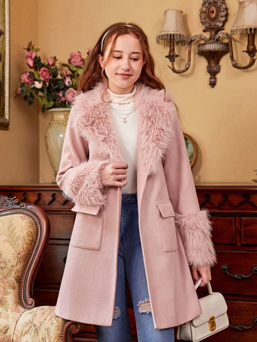 Teen Girl Fuzzy Collar Belted Overcoat | SHEIN USA