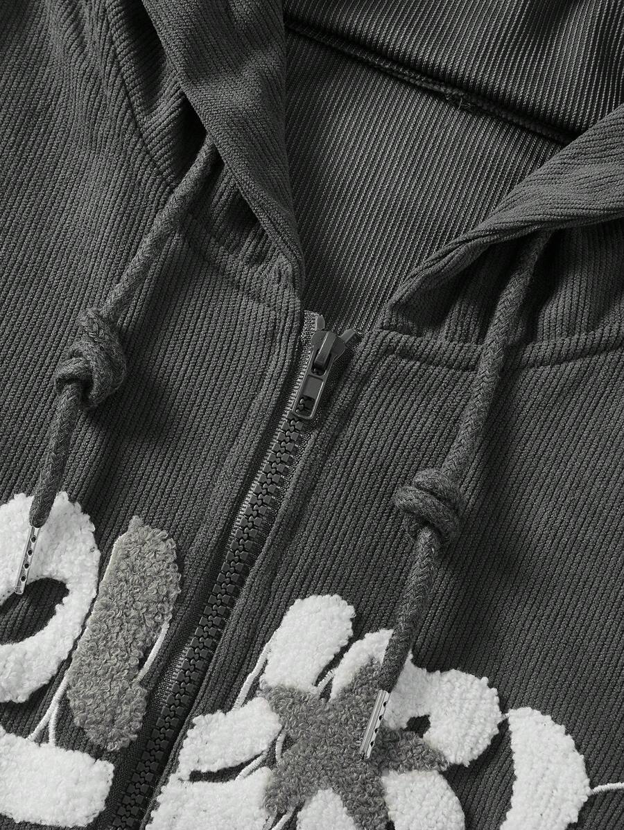 SHEIN ICON Letter Flocking Zip Up Drawstring Hoodie | SHEIN UK