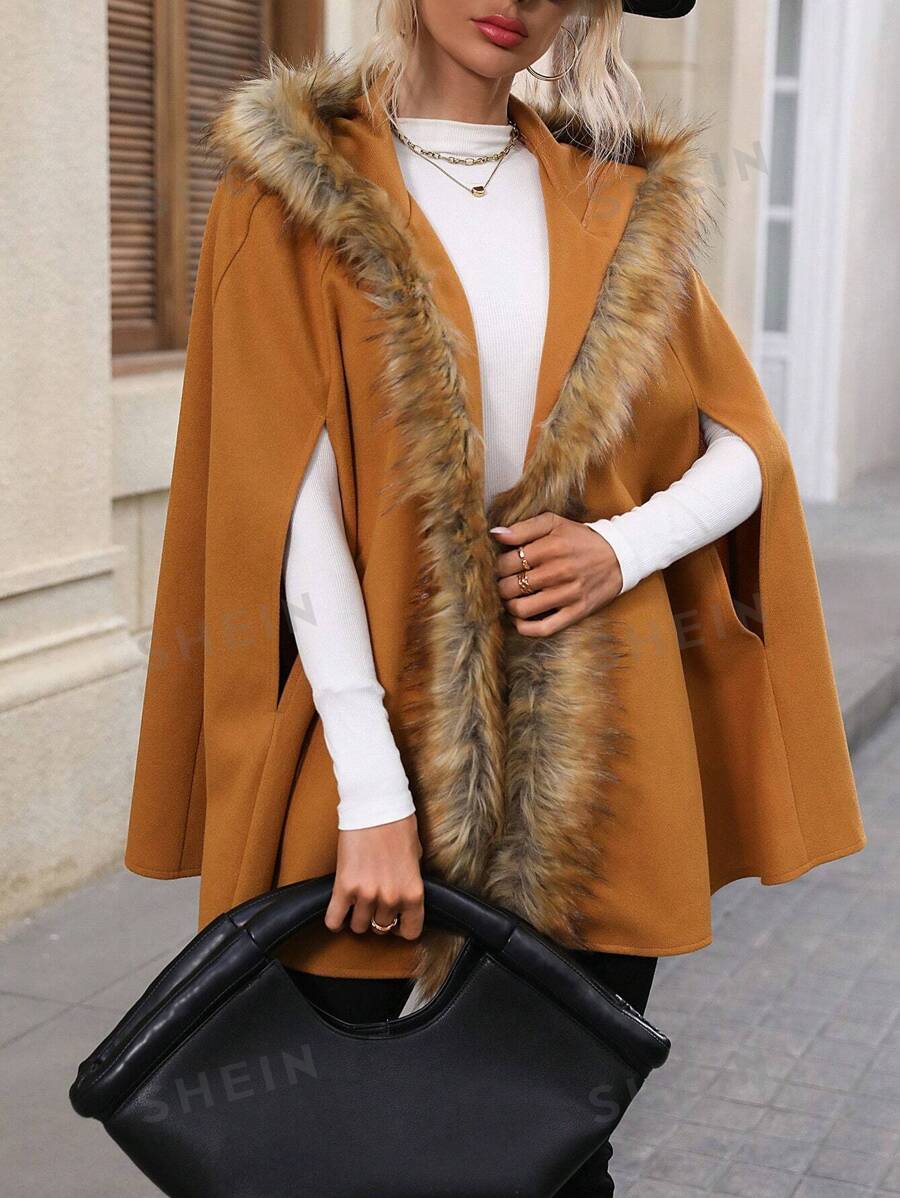 SHEIN LUNE Fuzzy Trim Hooded Cape Overcoat | SHEIN USA