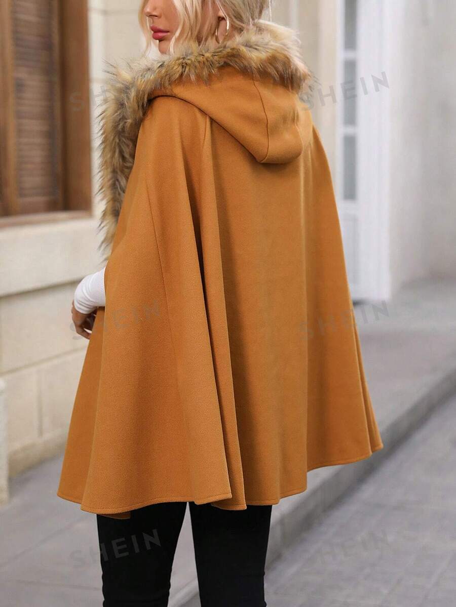 SHEIN LUNE Fuzzy Trim Hooded Cape Overcoat | SHEIN USA
