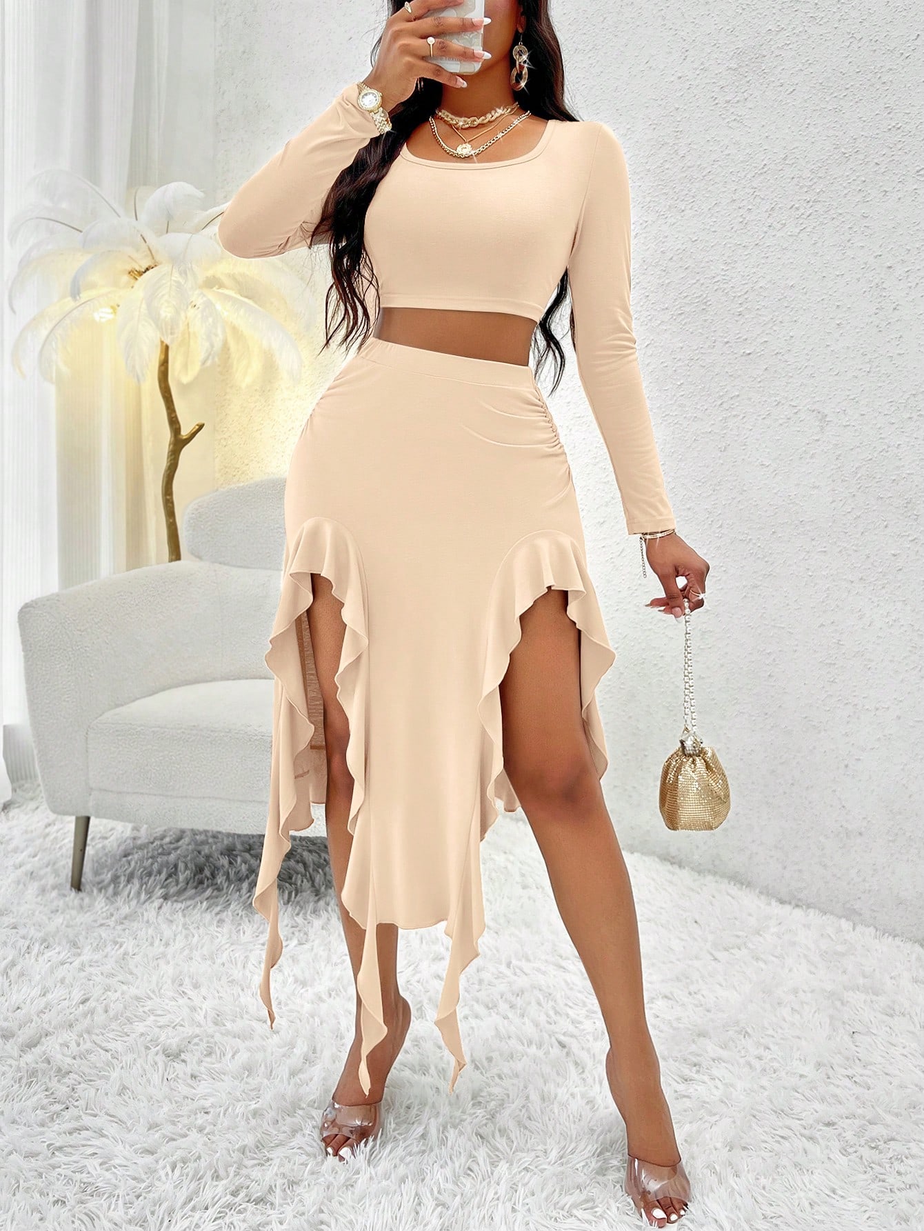 Sólido Camiseta Crop & Acabamento De Babados Bainha Assimétrica Saia | SHEIN Brasil