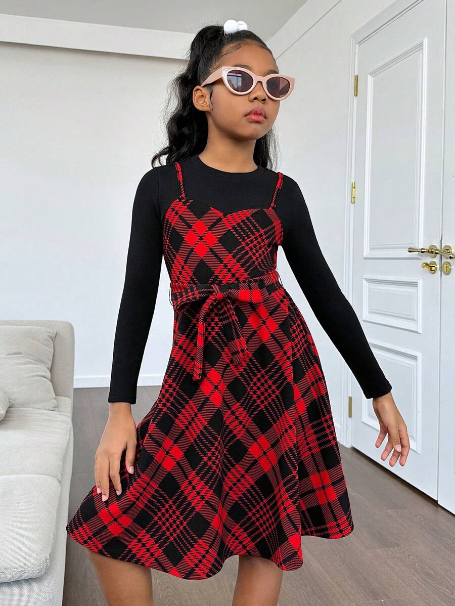 Chica preadolescente Vestido 2 en 1 con estampado de cuadros con ...