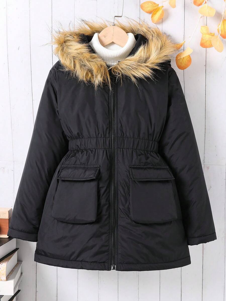 SHEIN Tween Girls' Waist-cinched Spliced Hooded Jacket With Raw Edges ...