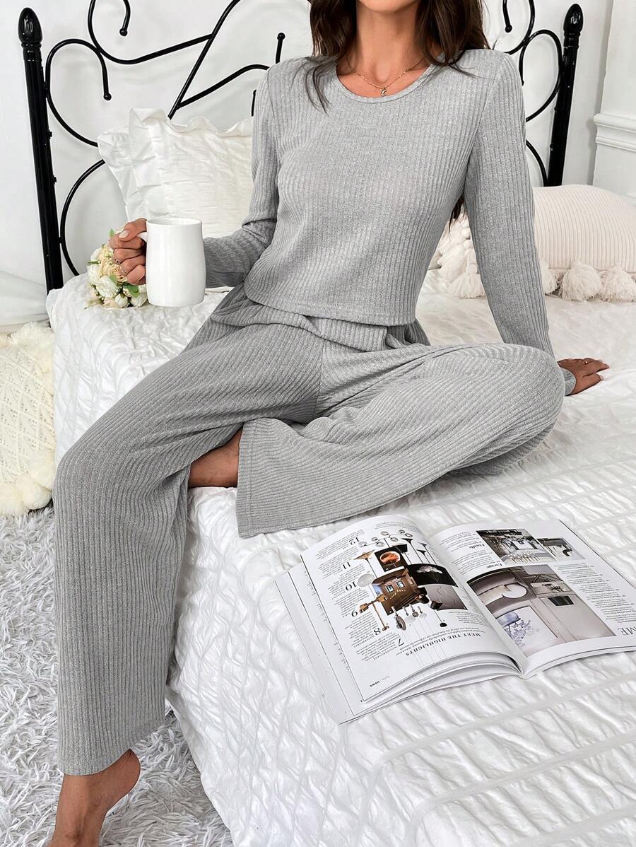 Solid Ribbed Knit Lounge Set | SHEIN USA