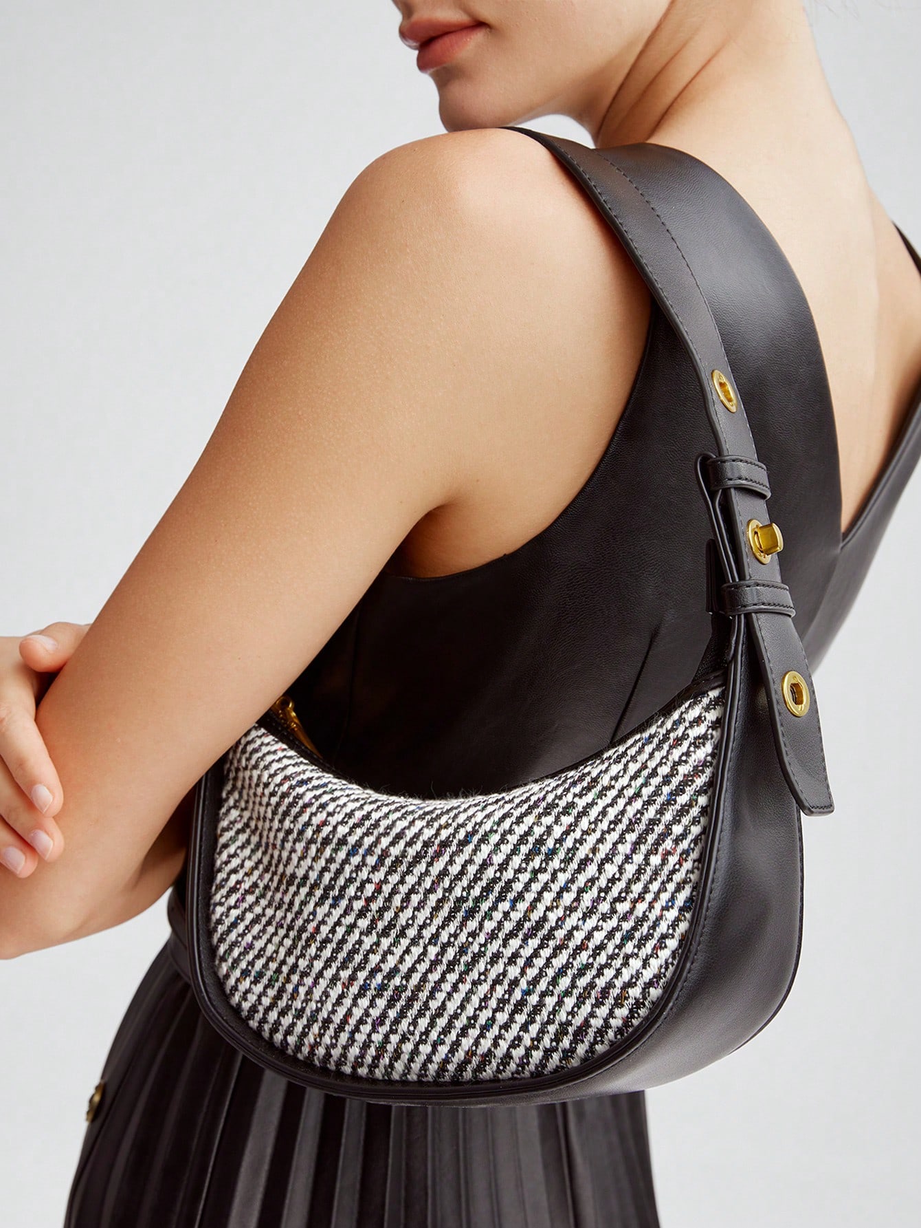 MOTF PREMIUM TWEED FAUX LEATHER SHOULDER BAG