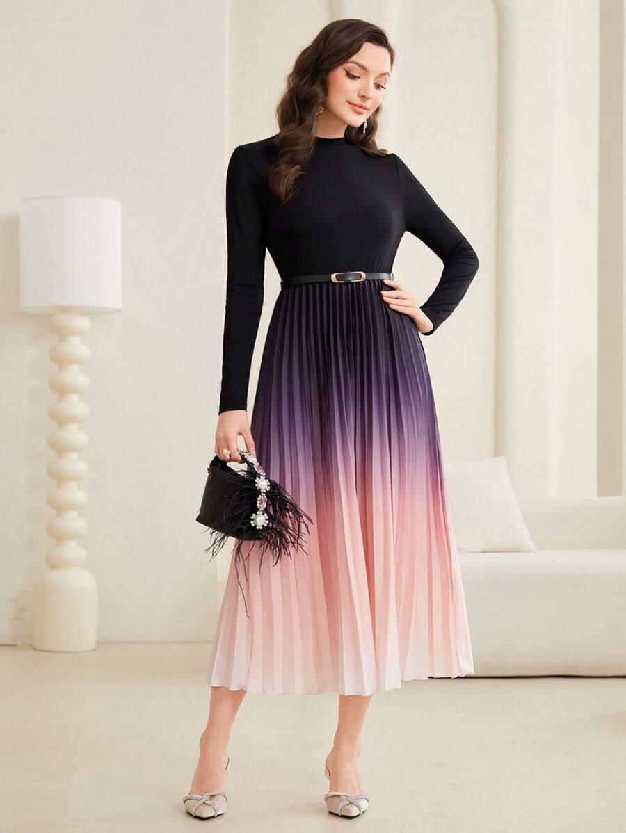Modelyn Ombre Pleated Hem Dress With Belt,Ladies Elegant Pleated Long ...