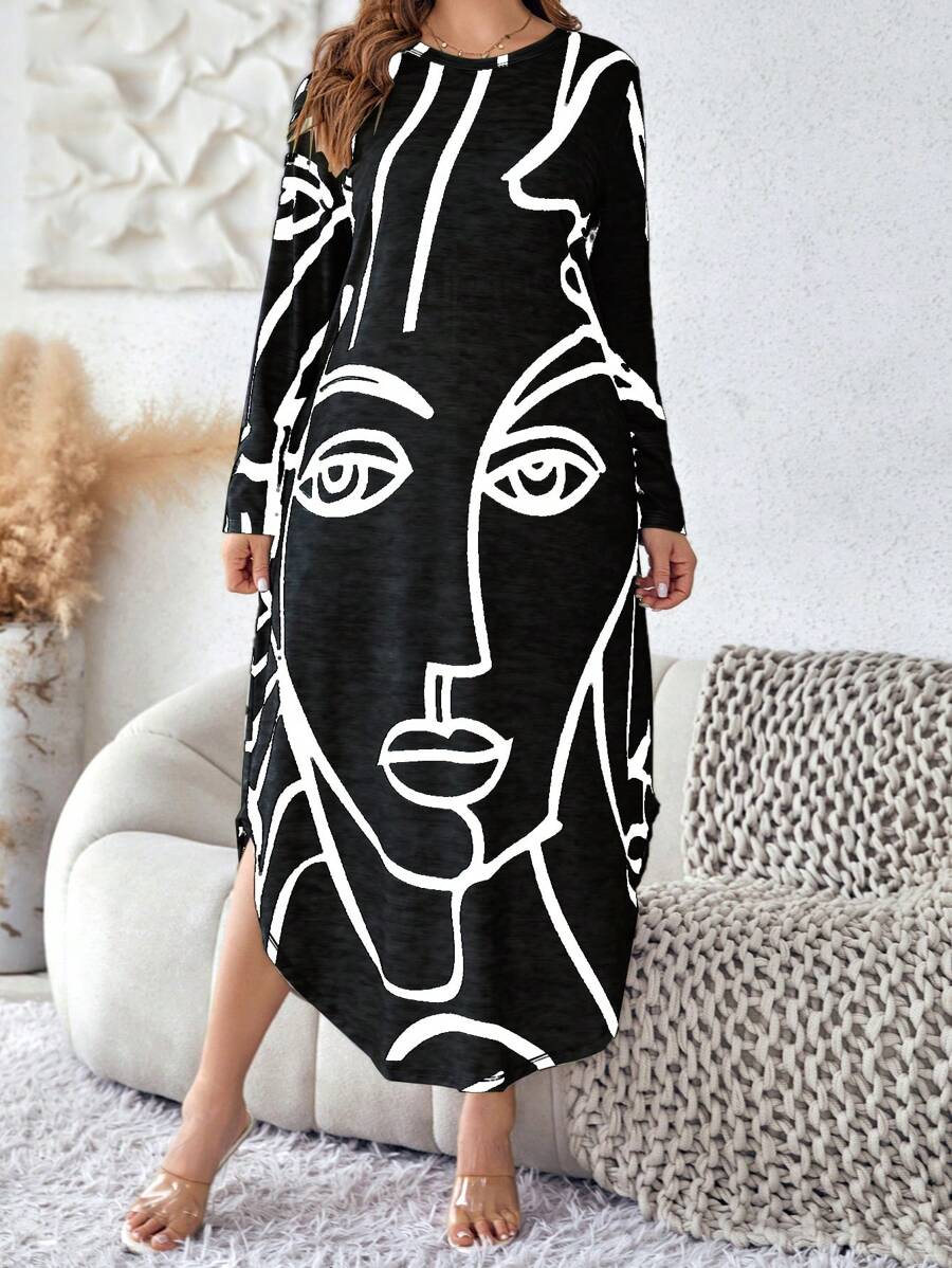 SHEIN LUNE Plus Size Abstract Black And White Portrait Printed Round ...