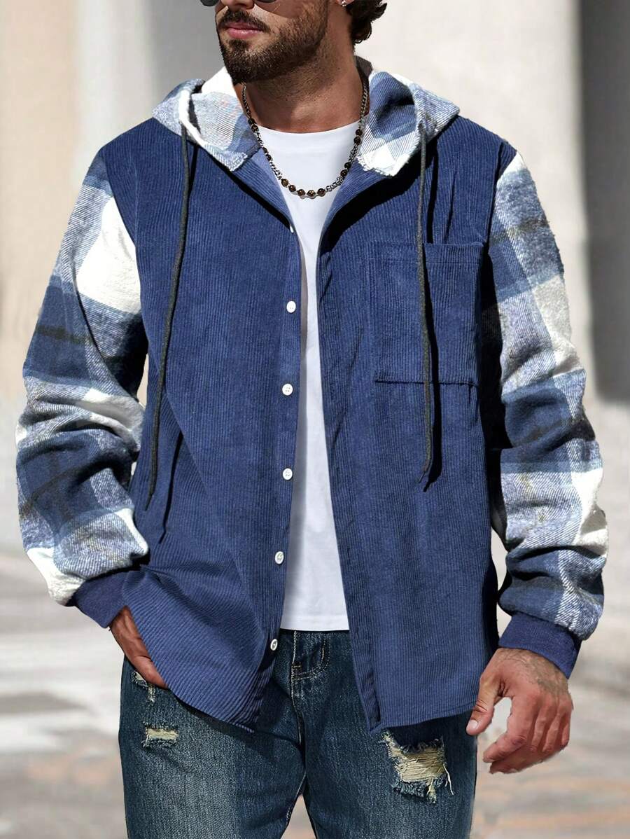 Manfinity Men Plaid Print Drawstring Hooded Corduroy Shirt | SHEIN USA