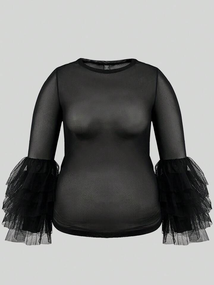 SHEIN Privé Plus Contrast Mesh Flounce Sleeve Mesh Top | SHEIN UK