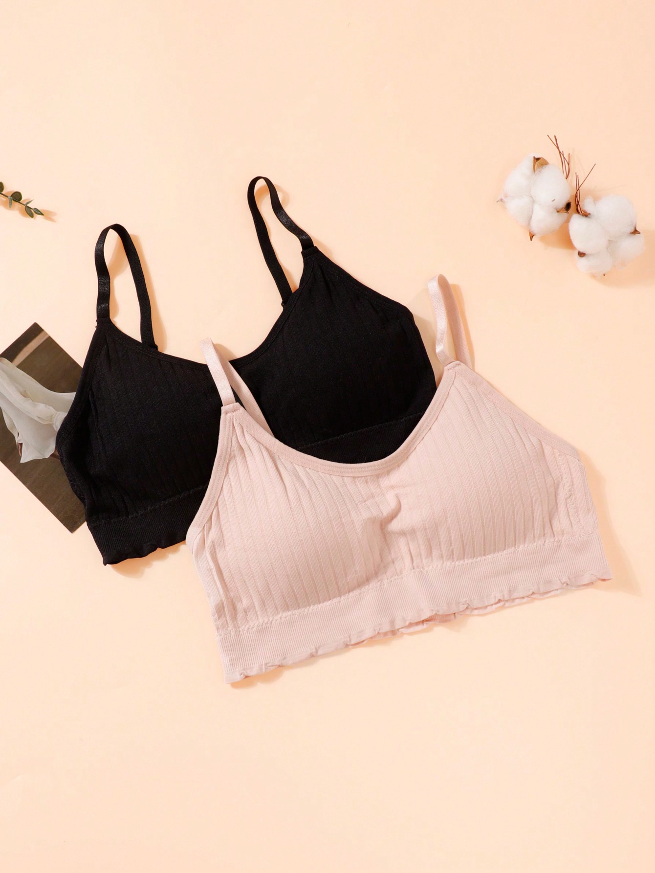 Tween Girl 2pcs Solid Lettuce Trim Ribbed Knit Bra | SHEIN USA