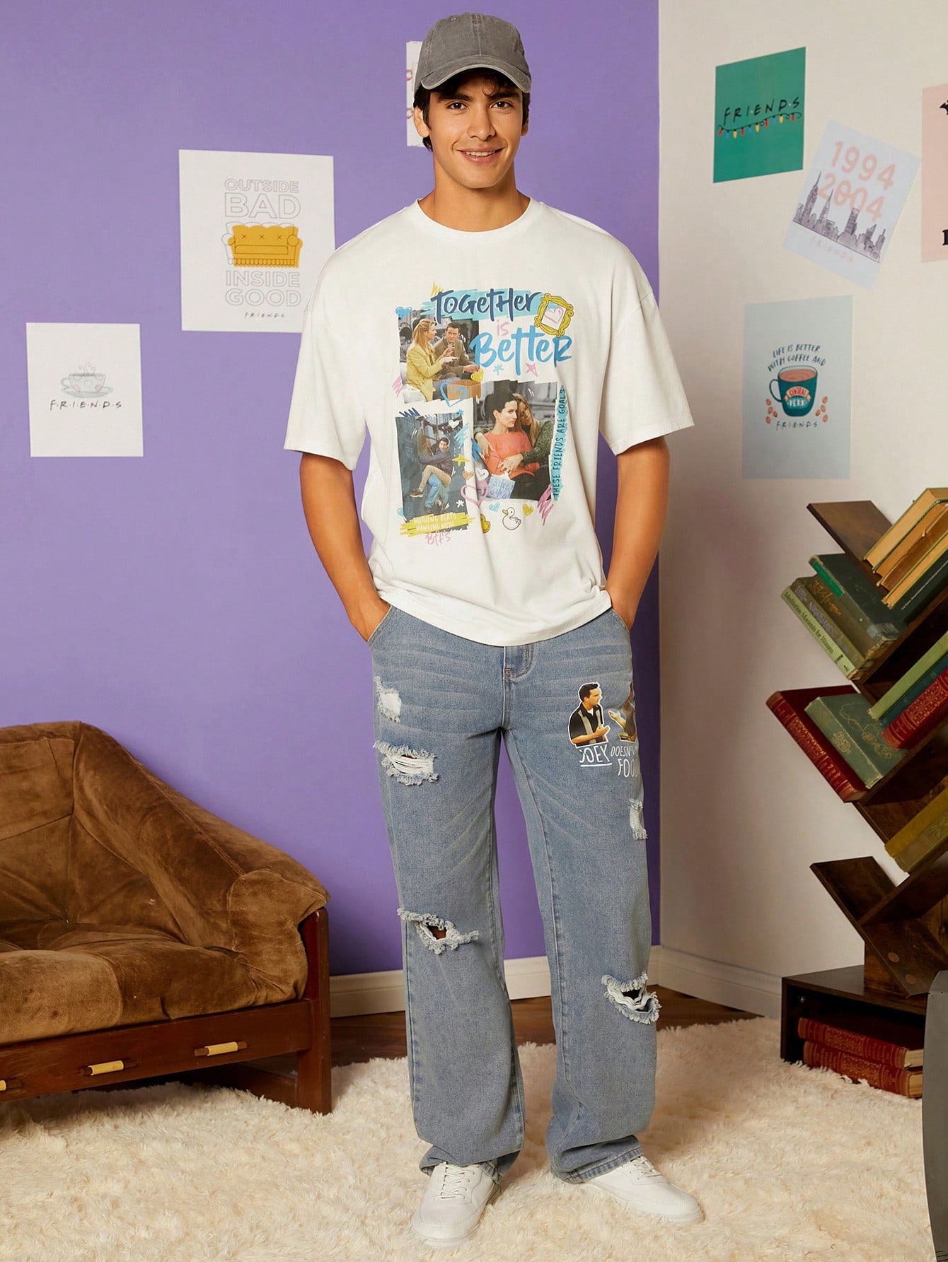 FRIENDS X SHEIN Men Letter & Figure Graphic Ripped Frayed Straight Leg ...