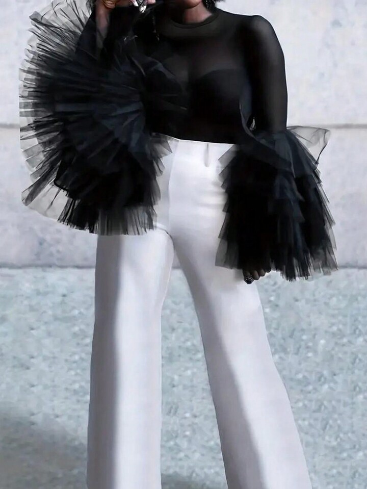 SHEIN Privé Plus Contrast Mesh Flounce Sleeve Mesh Top | SHEIN UK