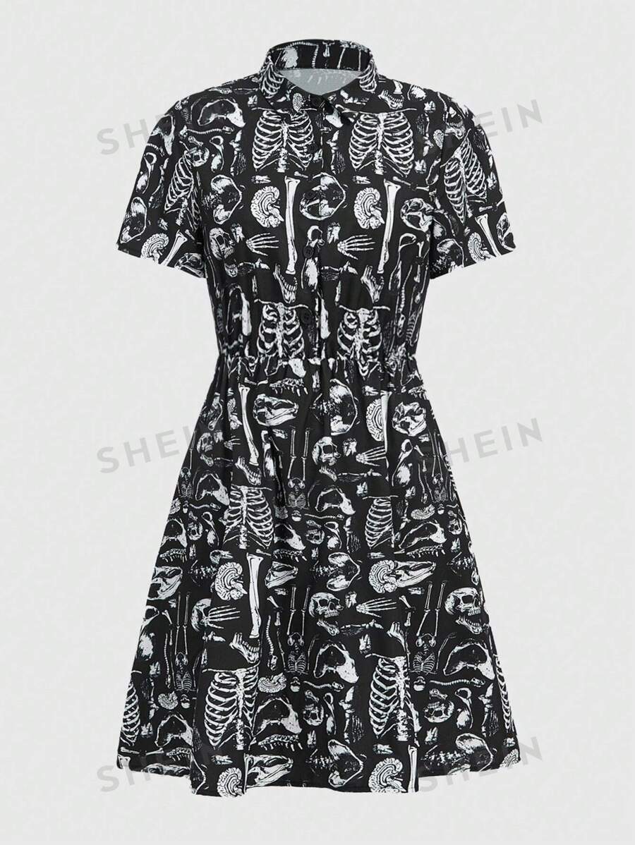 ROMWE Goth Allover Skeleton Print Shirt Dress | SHEIN USA