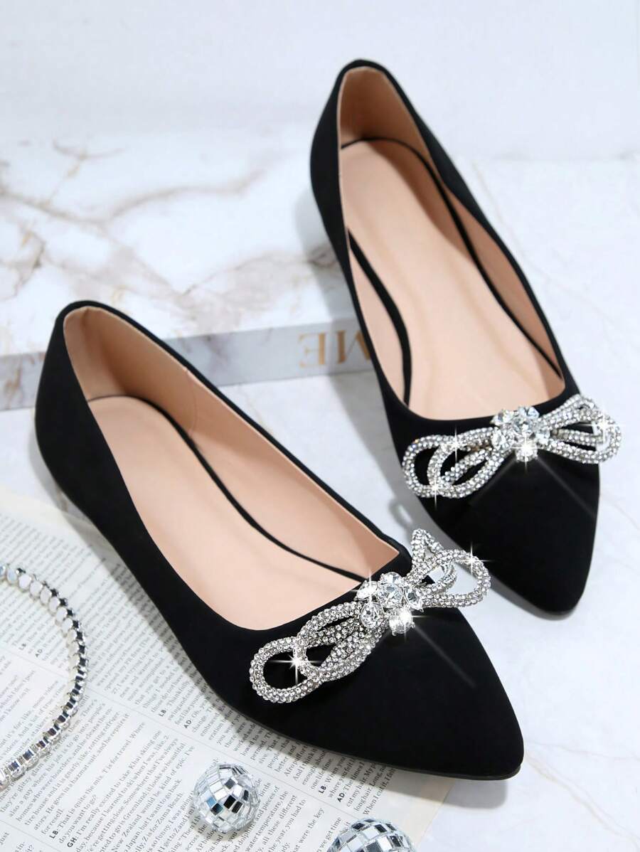 SHEIN SHUZIA All-Time Women's Rhinestone Bow Pointed Toe Nub Black ...