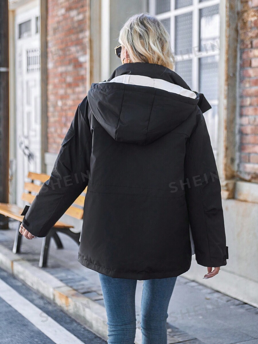 SHEIN LUNE Zip Up Flap Pocket Hooded Puffer Coat | SHEIN UK