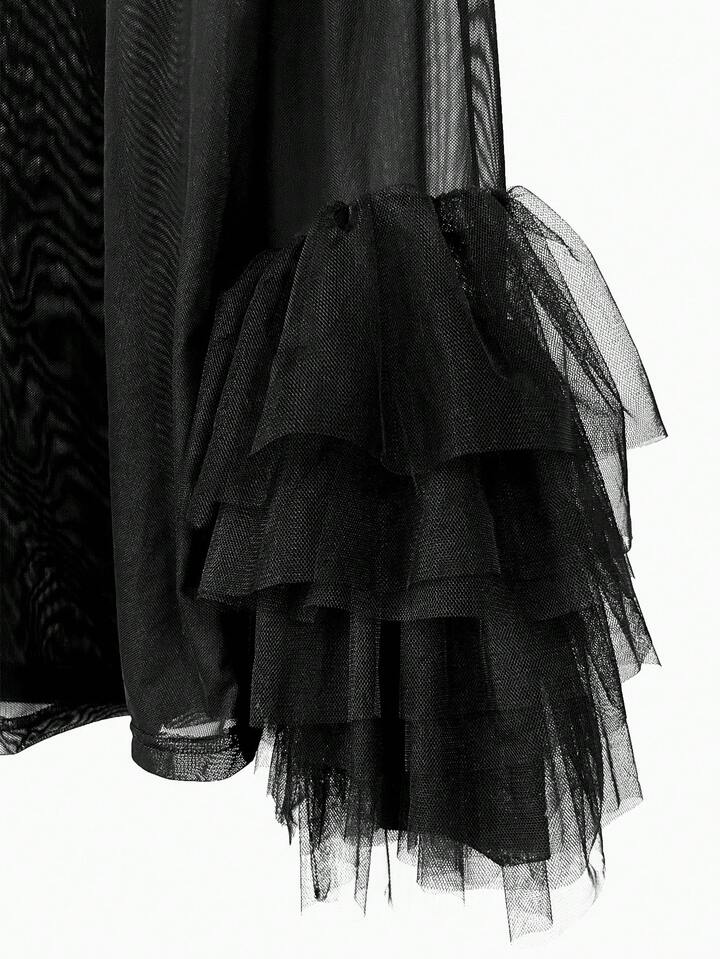 SHEIN Privé Plus Contrast Mesh Flounce Sleeve Mesh Top | SHEIN UK