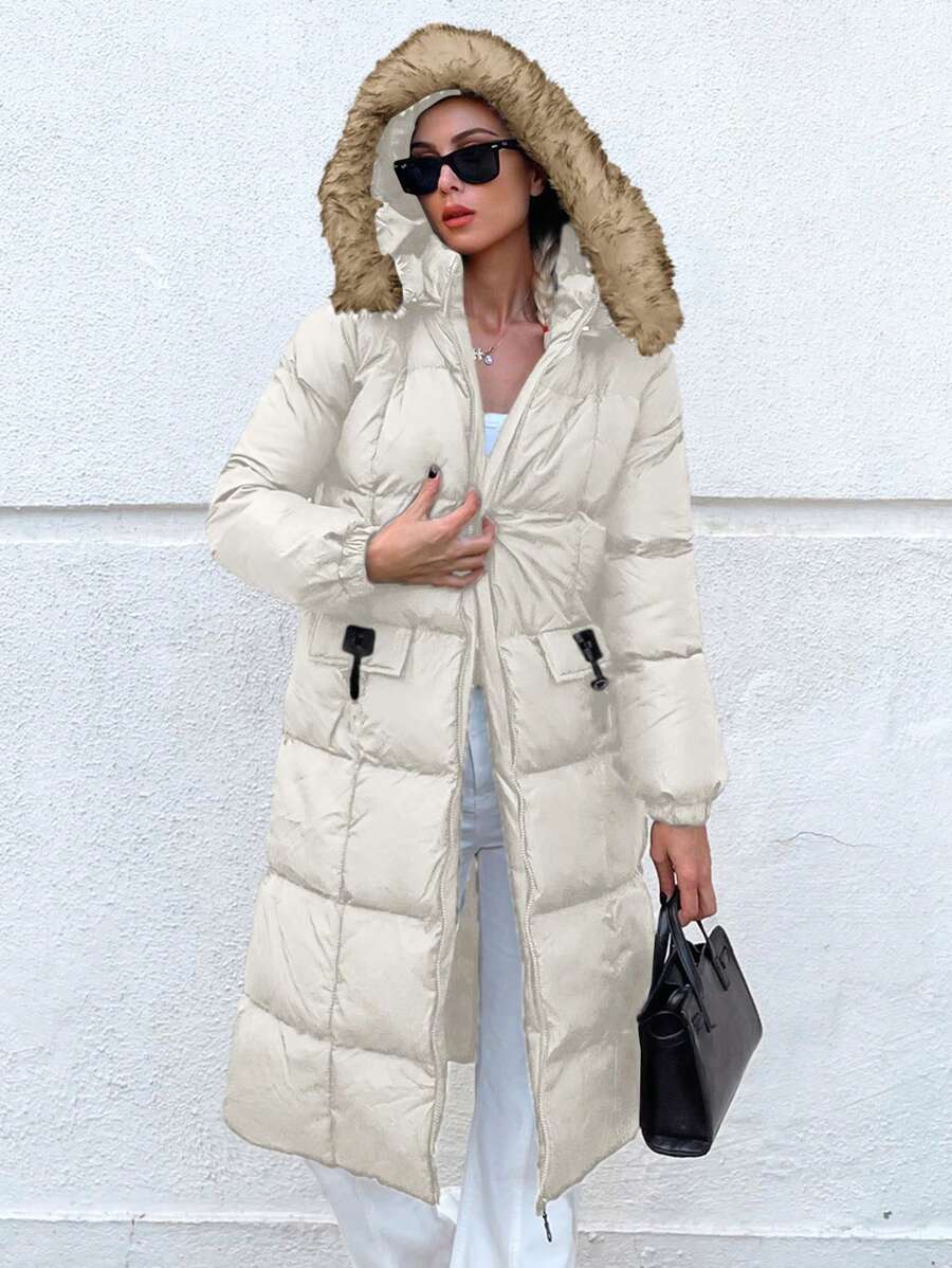 Fuzzy Trim Hooded Puffer Coat | SHEIN USA