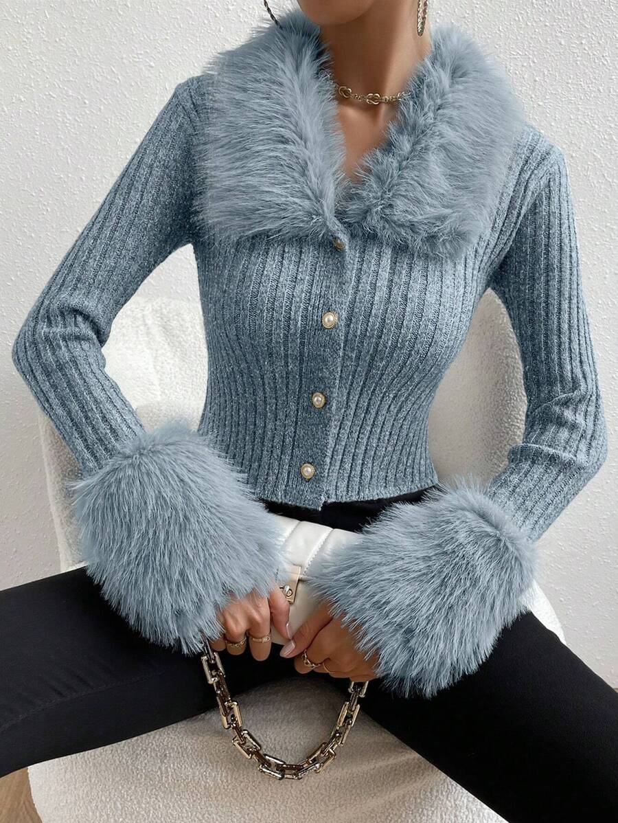 Allurite Borg Collar Fuzzy Panel Cardigan | SHEIN USA