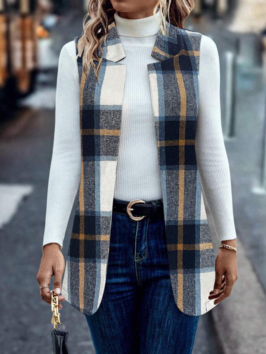 SHEIN LUNE Plaid Print Open Front Vest Blazer | SHEIN USA