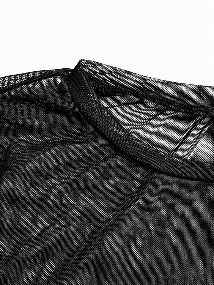 SHEIN Privé Plus Contrast Mesh Flounce Sleeve Mesh Top | SHEIN UK