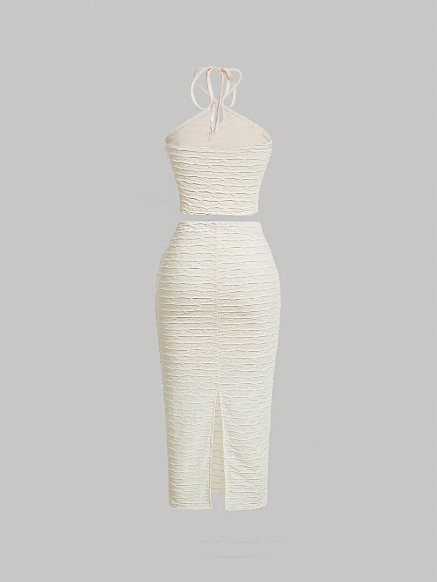 Shein Mod Spring Break Solid Halter Top And Split Thigh Skirt Two Piece Set Robe Bandagebandage