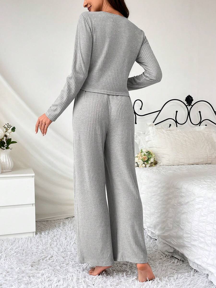 Solid Ribbed Knit Lounge Set | SHEIN USA