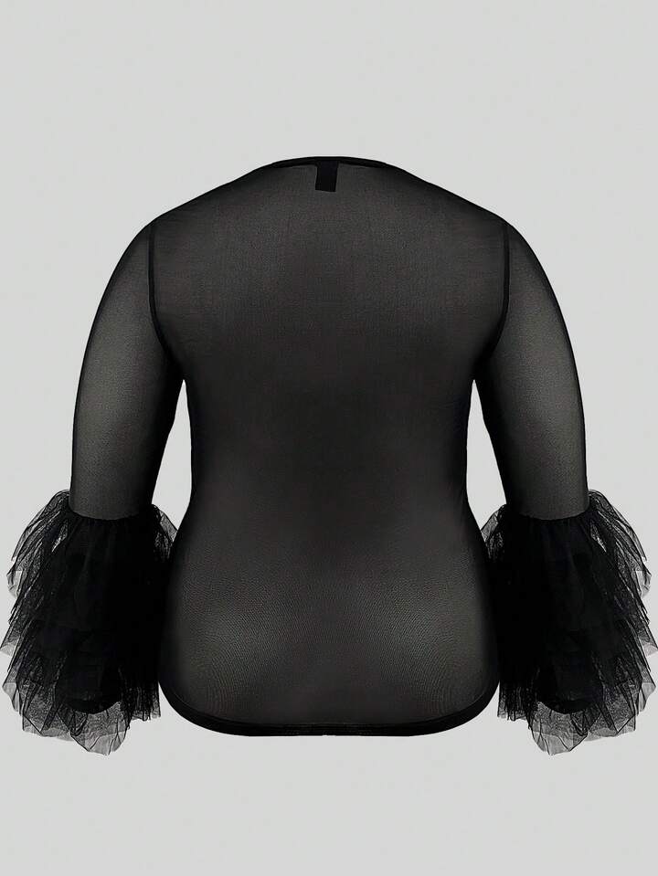 SHEIN Privé Plus Contrast Mesh Flounce Sleeve Mesh Top | SHEIN UK