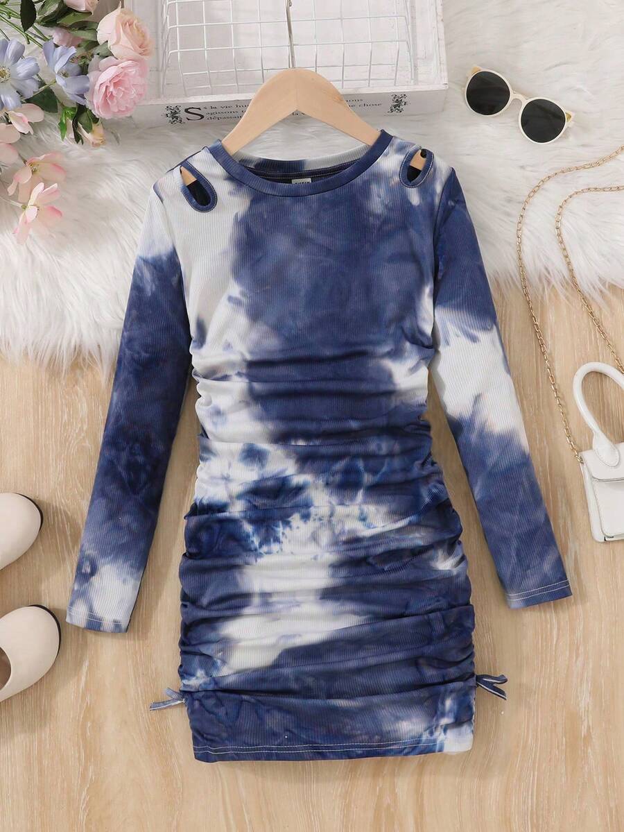 Tween Girl Tie Dye Drawstring Side Ruched Dress | SHEIN USA
