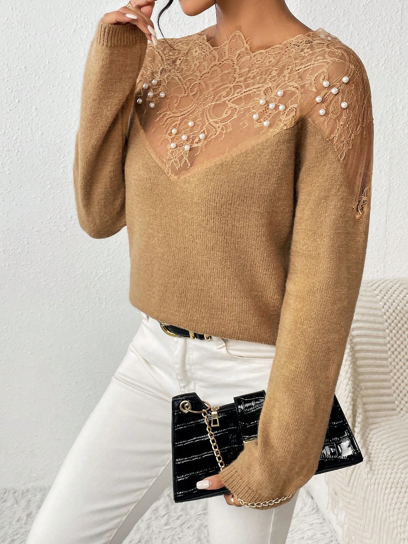 Shein Privé Contrast Lace Raglan Sleeve Pearls Beaded Sweater Shein Usa