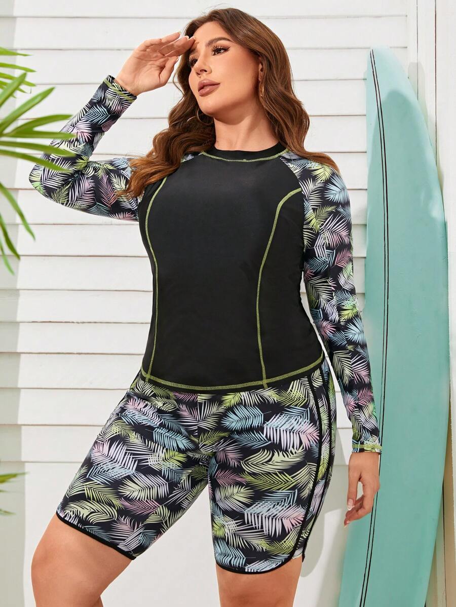 Swim Lushoire Summer Beach Plus Size Tropical Print Stitch Detail Long ...