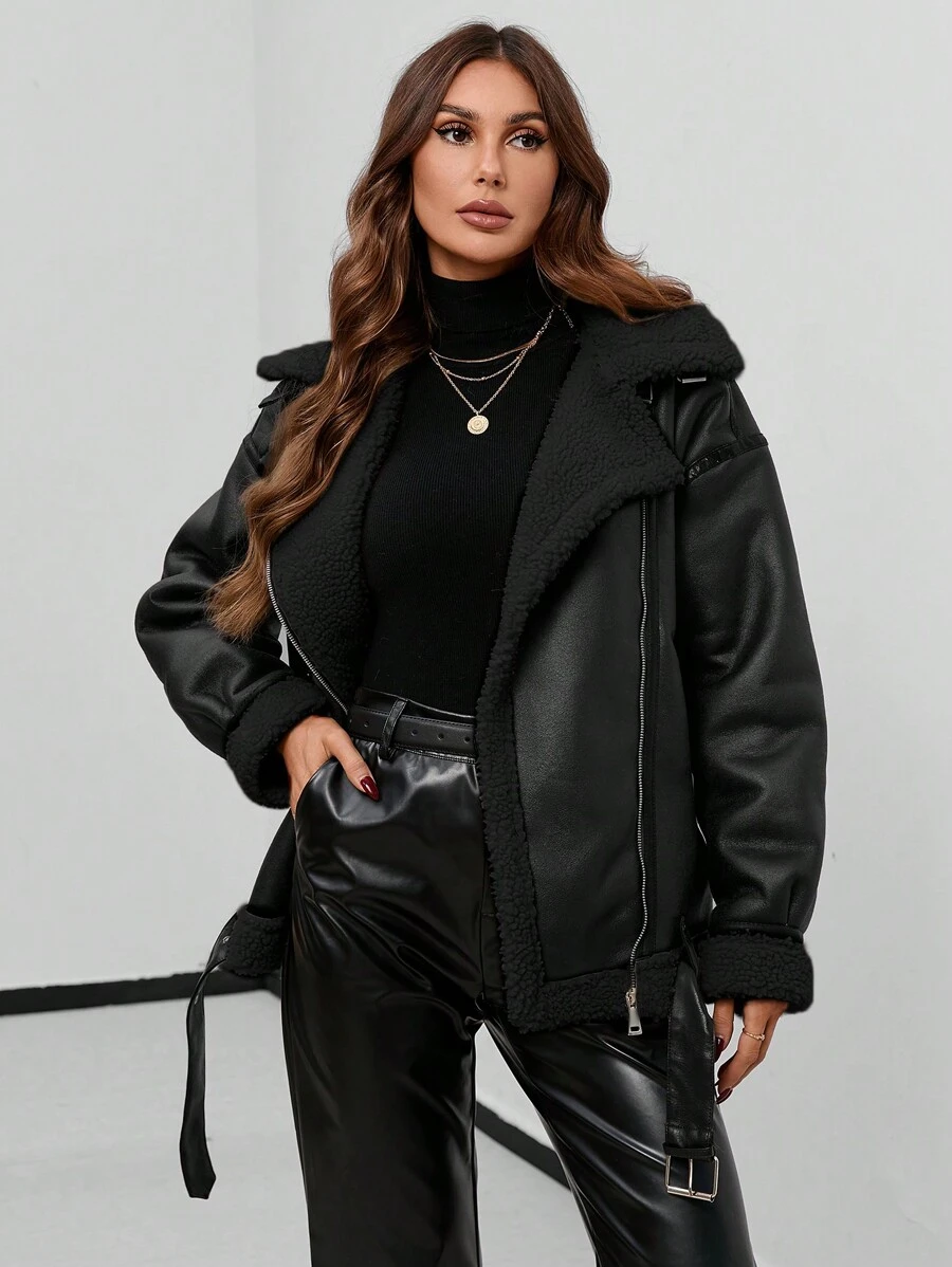 SHEIN Essnce Leather And Fur Integrated Motorcycle Jacket | SHEIN USA