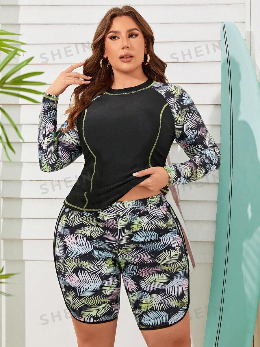 SHEIN SHEIN Swim Curve Plus Size Tropical Print Stitch Detail Long ...