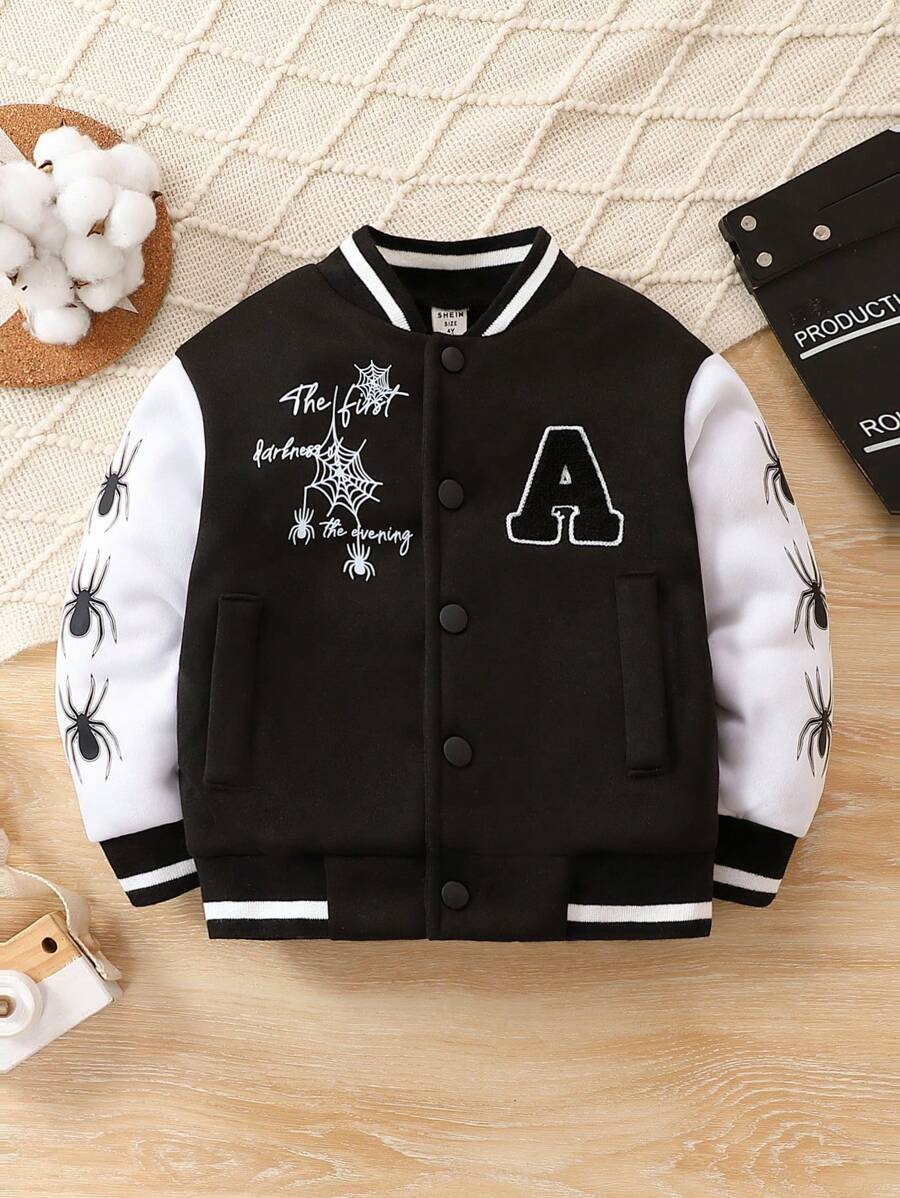 SHEIN Young Boy Spider Graphic Letter Embroidery Striped Trim Varsity ...