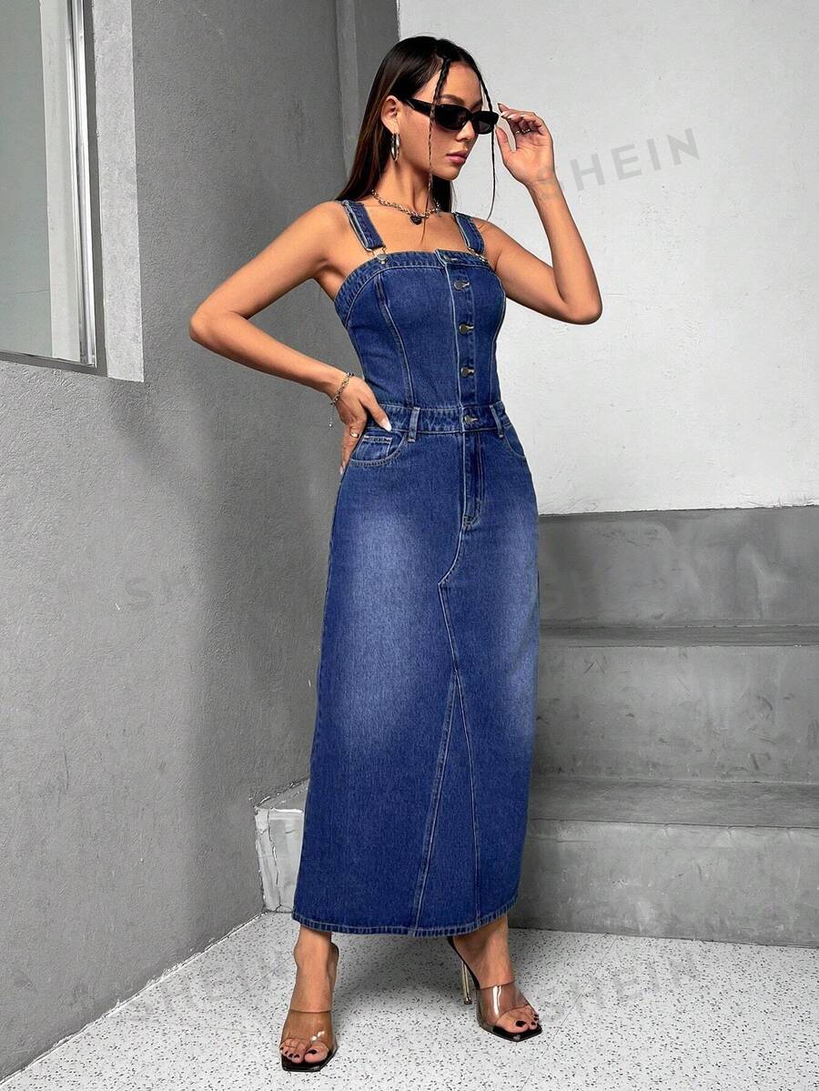 SHEIN PETITE Button Front Split Back Denim Dress | SHEIN UK