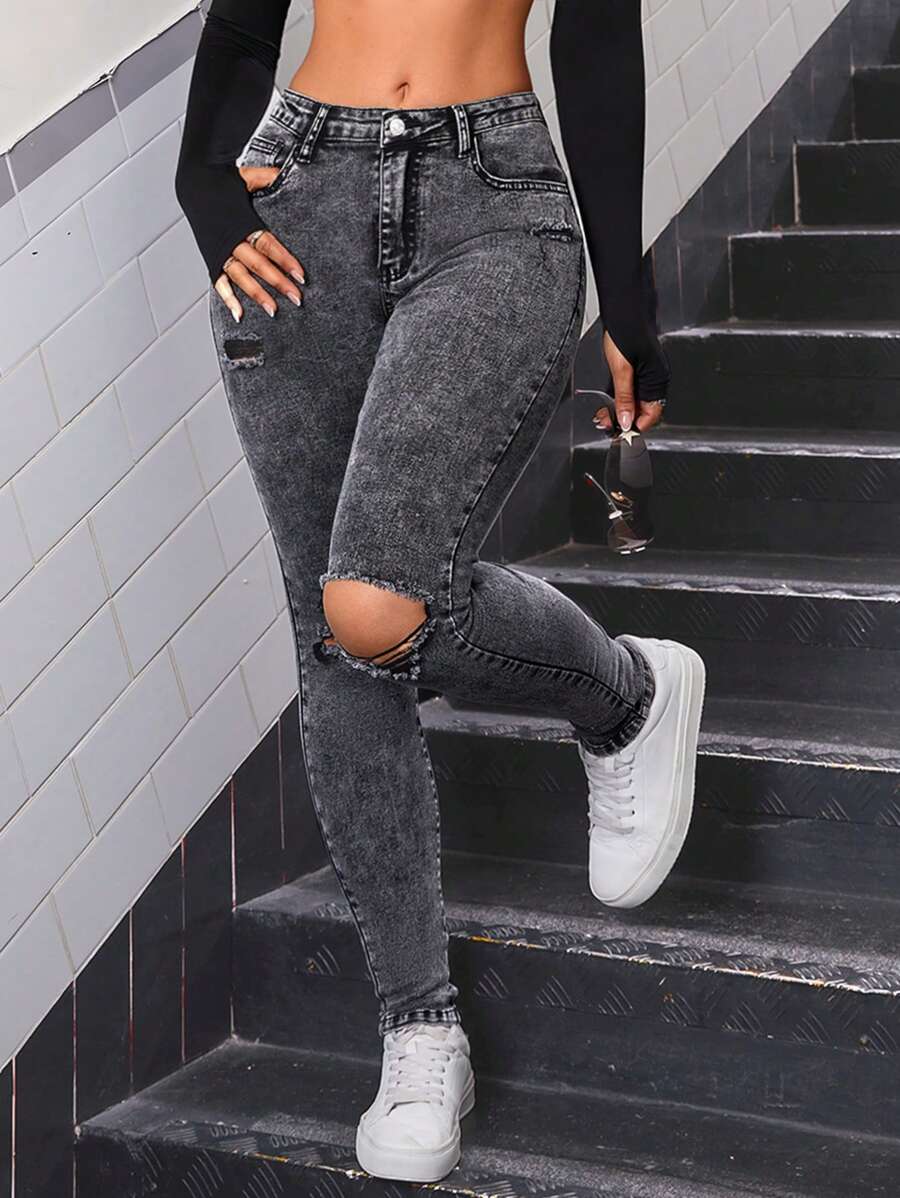 SHEIN ICON Cut Out Jeans Skinny Rasgadas | SHEIN Brasil