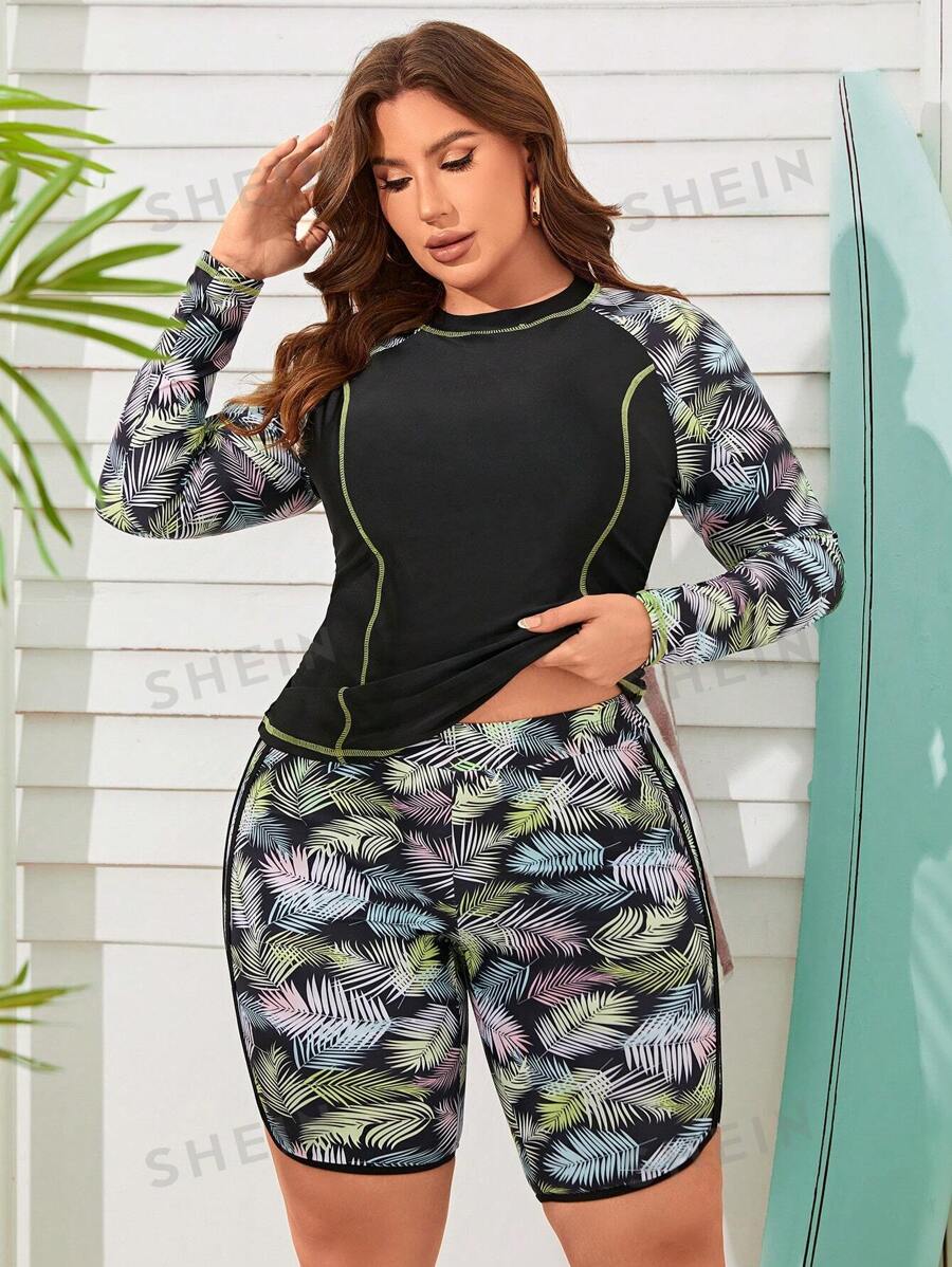 SHEIN SHEIN Swim Curve Plus Size Tropical Print Stitch Detail Long Sleeve Tankini Swimsuit Set ...
