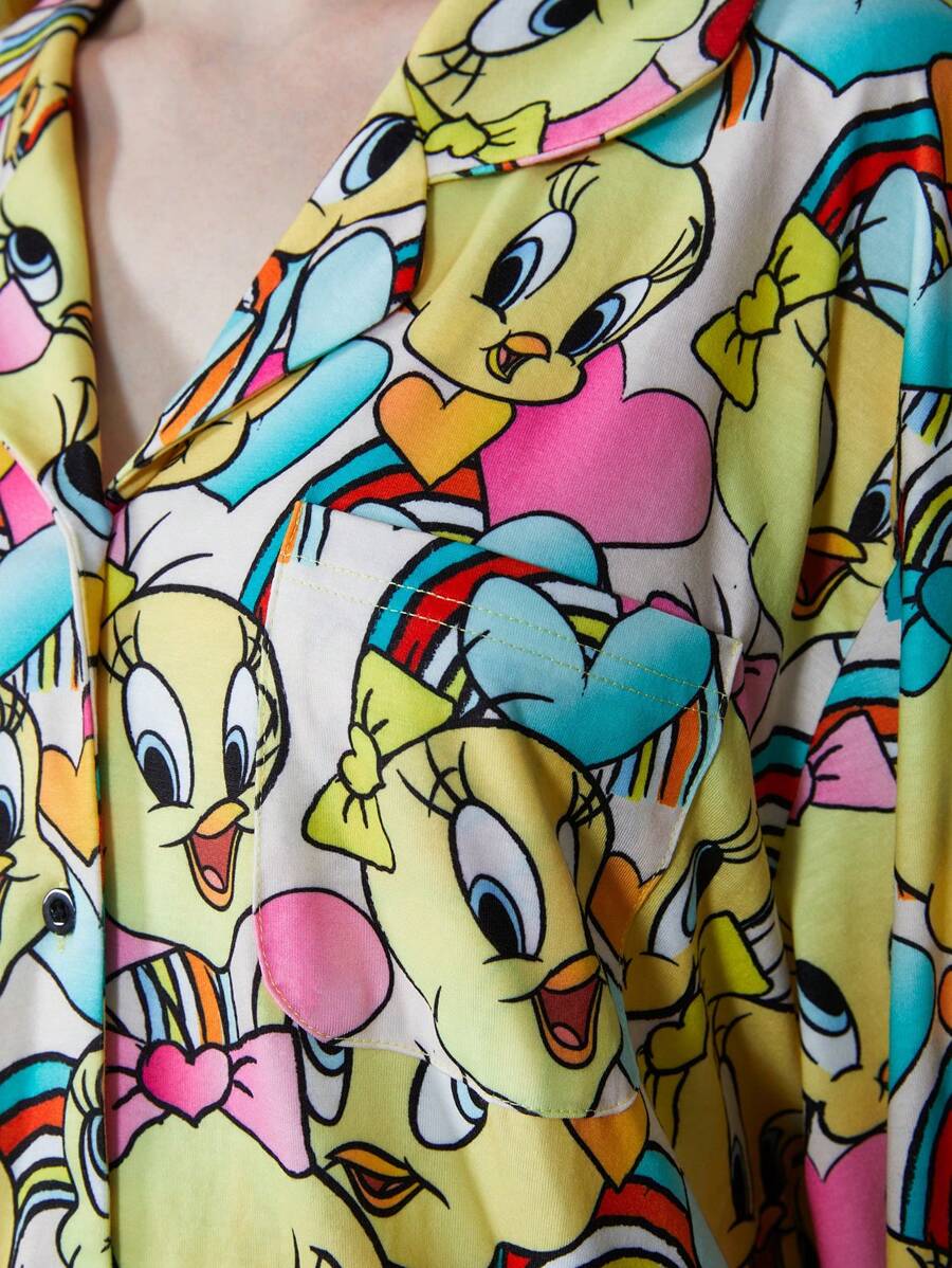 LOONEY TUNES X SHEIN Cartoon Graphic Lapel Neck PJ Set | SHEIN USA