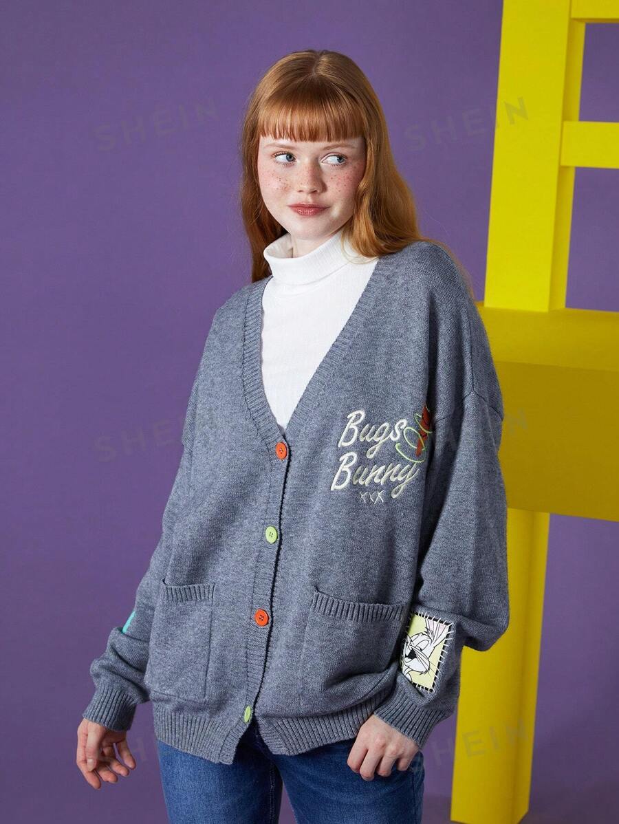 LOONEY TUNES X SHEIN Cartoon Pattern Drop Shoulder Cardigan | SHEIN USA