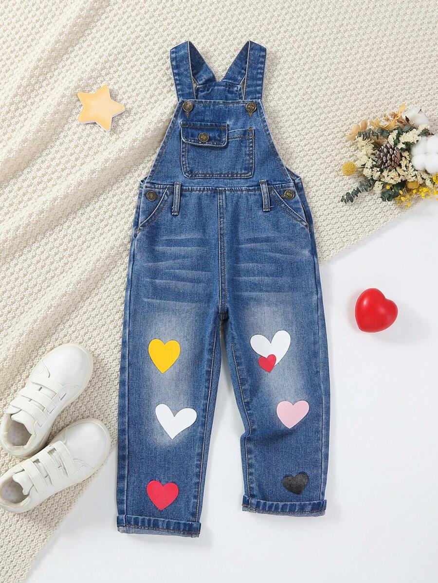 Young Girl Heart Print Denim Overalls | SHEIN USA