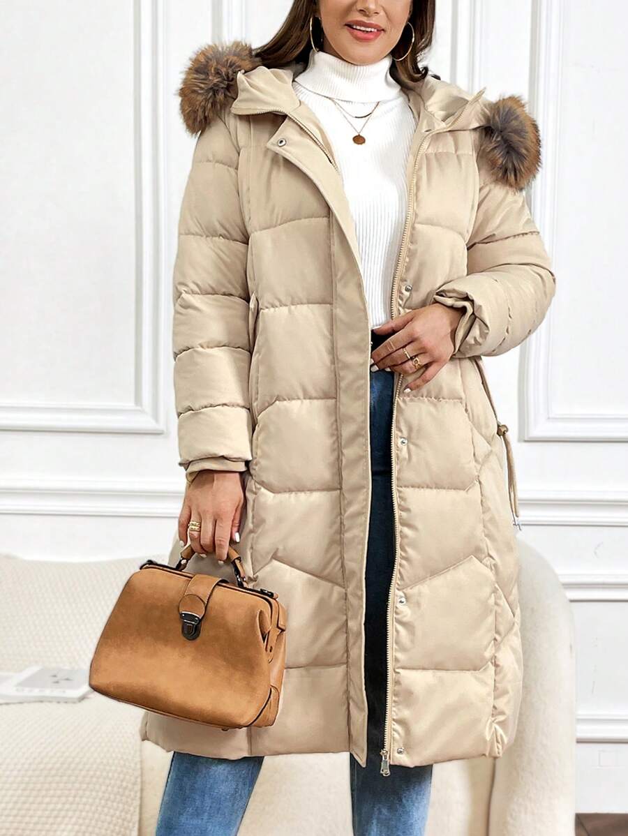 Luneh Plus Plus Zip Up Fuzzy Trim Hooded Padded Coat | SHEIN USA