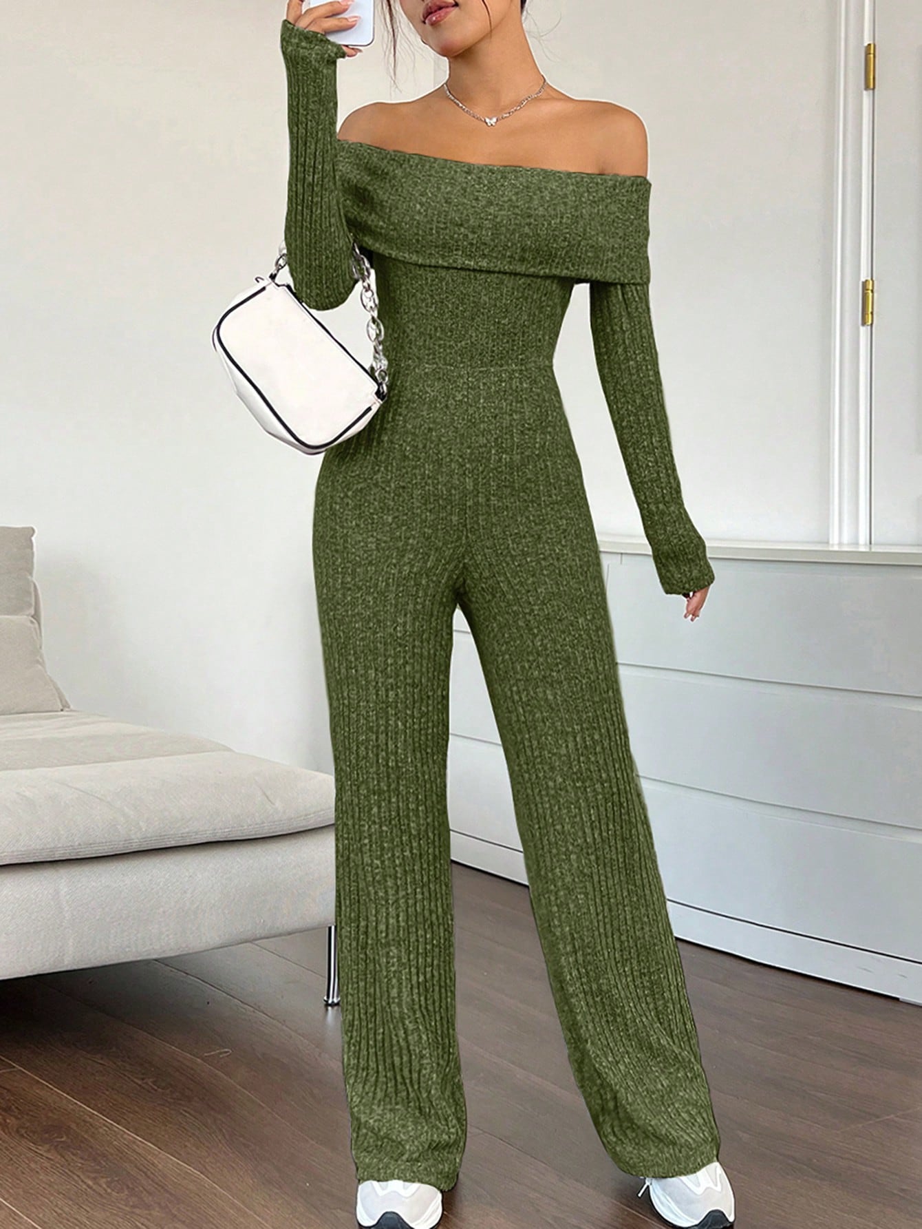 Shein Ezwear Off Shoulder Foldover Ribbed Knit Jumpsuit Shein Uk
