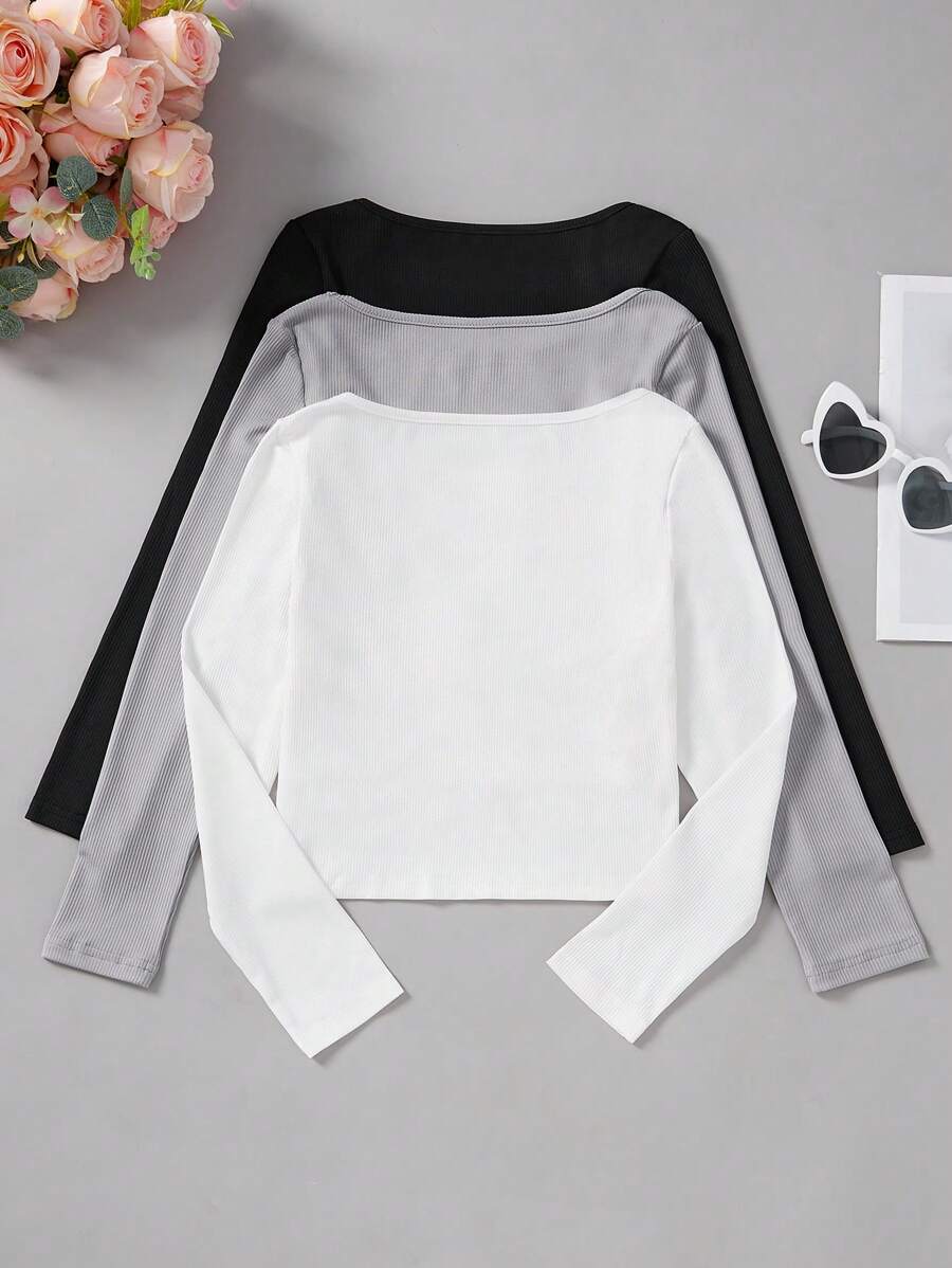 SHEIN Genkimix Kids 3pcs Tween Girl Solid Color Round Neck T-Shirts ...