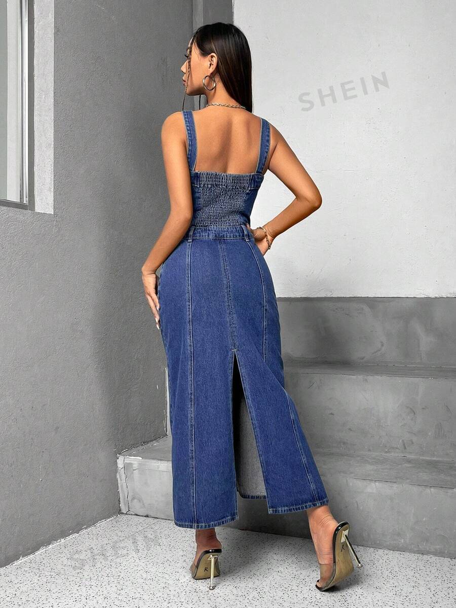 SHEIN PETITE Button Front Split Back Denim Dress | SHEIN UK