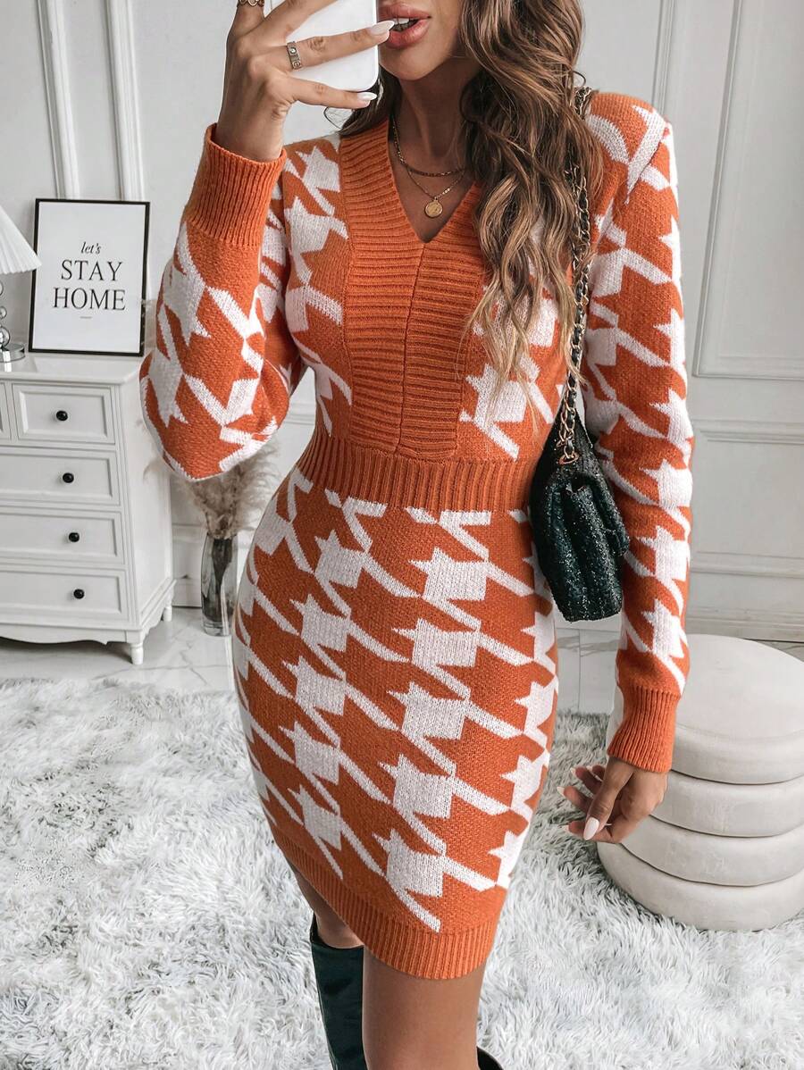 SHEIN Essnce Houndstooth Pattern Sweater Dress | SHEIN USA
